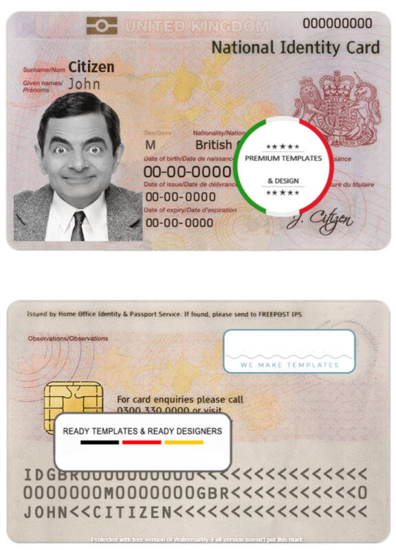 United Kingdom ID (Identity Card) template in PSD format – FakeTemplate.cc