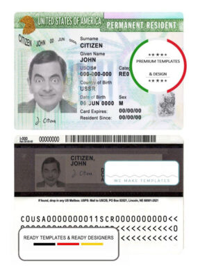 USA green card, permanent resident card template in PSD format, fully ...