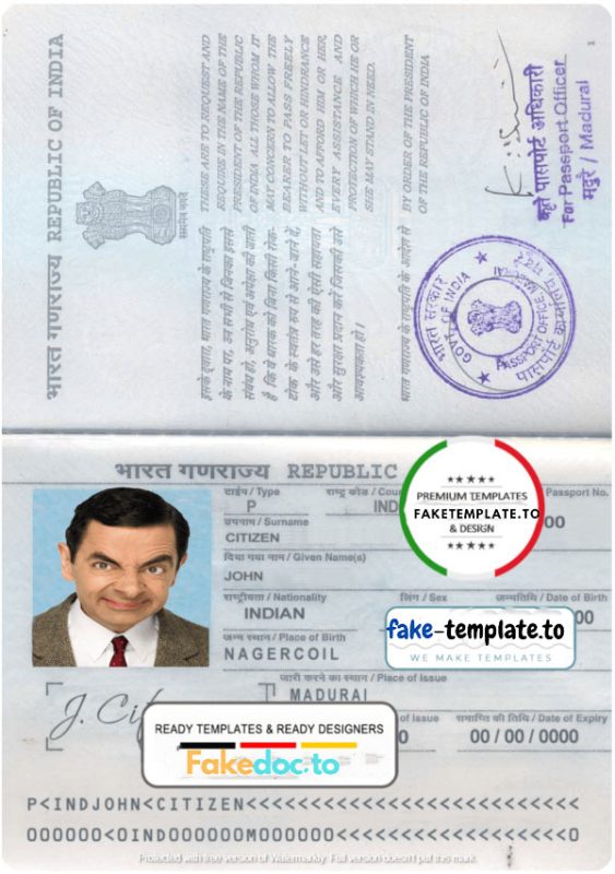India passport template in PSD format, fully editable, with all fonts ...
