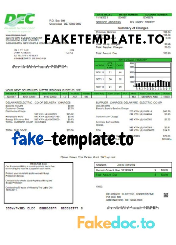 USA Delaware Electric Co-op utility bill template in Word and PDF ...