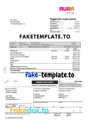 Denmark AURA Energi utility bill template in Word and PDF format ...