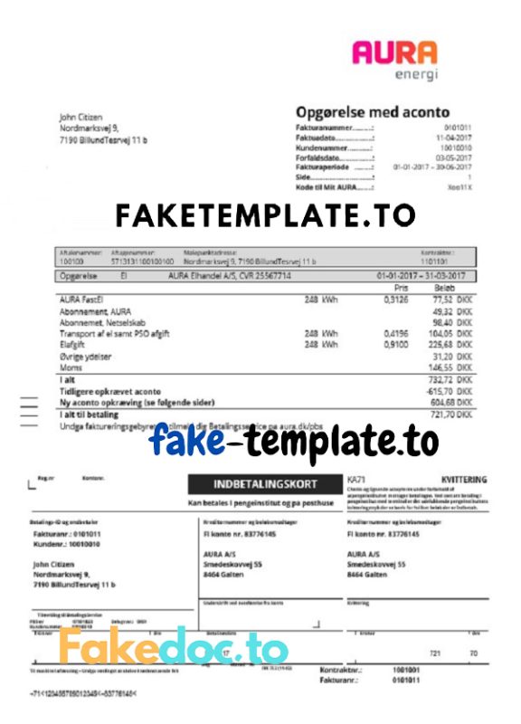 Denmark AURA Energi utility bill template in Word and PDF format ...