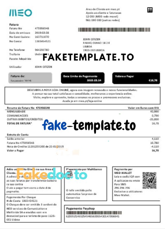 Portugal MEO utility bill template in Word and PDF format, fully ...