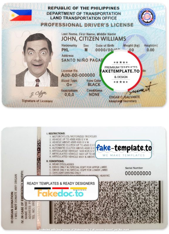 Philippines driving license template in PSD format – FakeTemplate.cc
