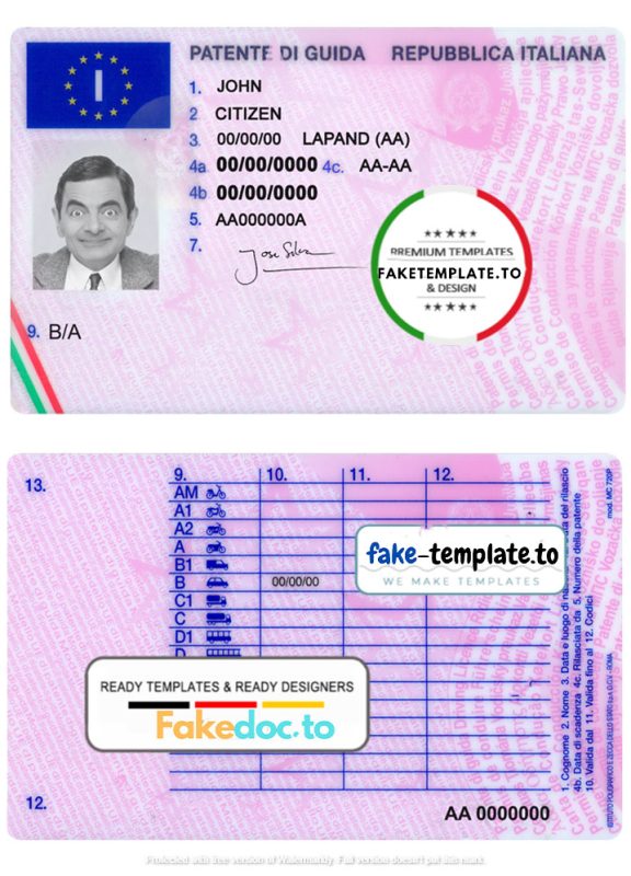 Italy driving license template in PSD format, fully editable ...