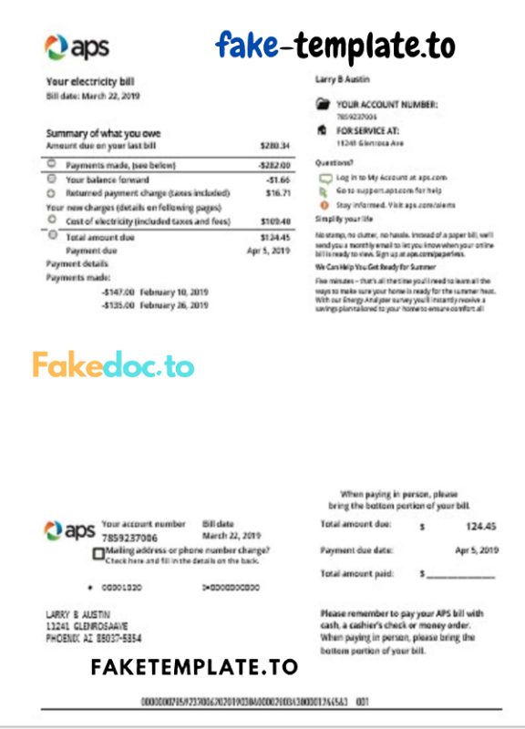 USA Arizona APS electricity proof of address utility bill template in ...