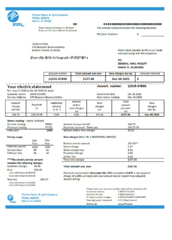 USA Florida Power & Light Company (FPL) electricity utility bill ...