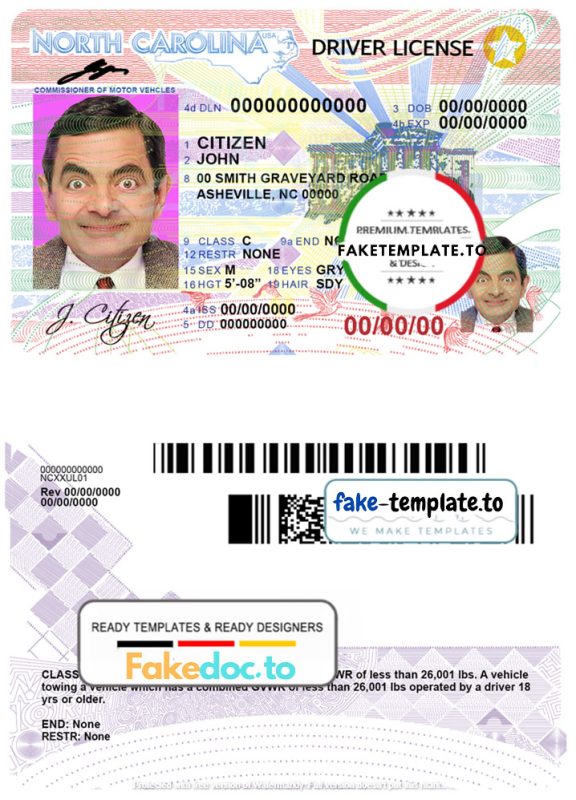 USA North Carolina driving license template in PSD format – FakeTemplate.cc