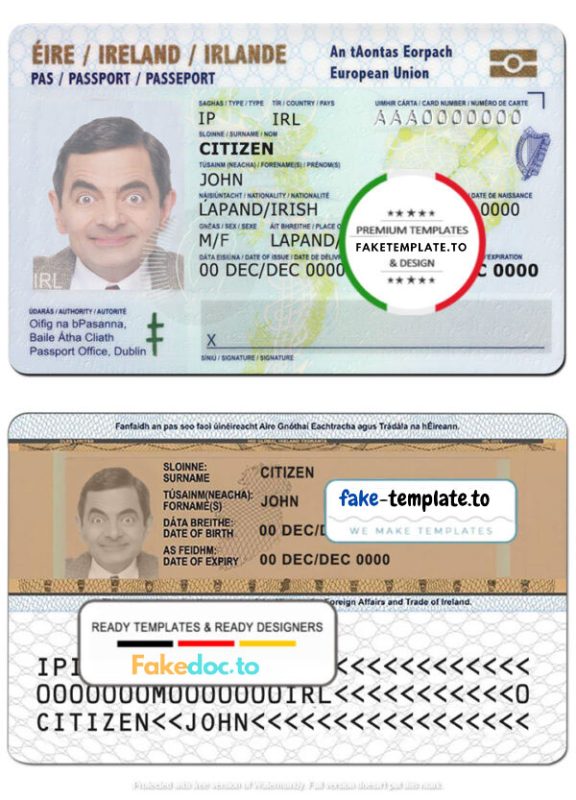 Ireland ID template in PSD format, fully editable, with all fonts ...