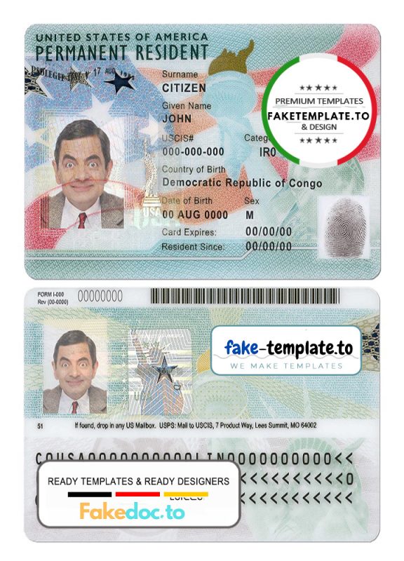 USA green card, permanent resident card template in PSD format, fully ...