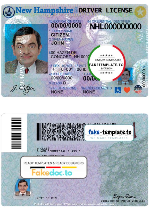 USA New Hampshire driving license template in PSD format – FakeTemplate.cc