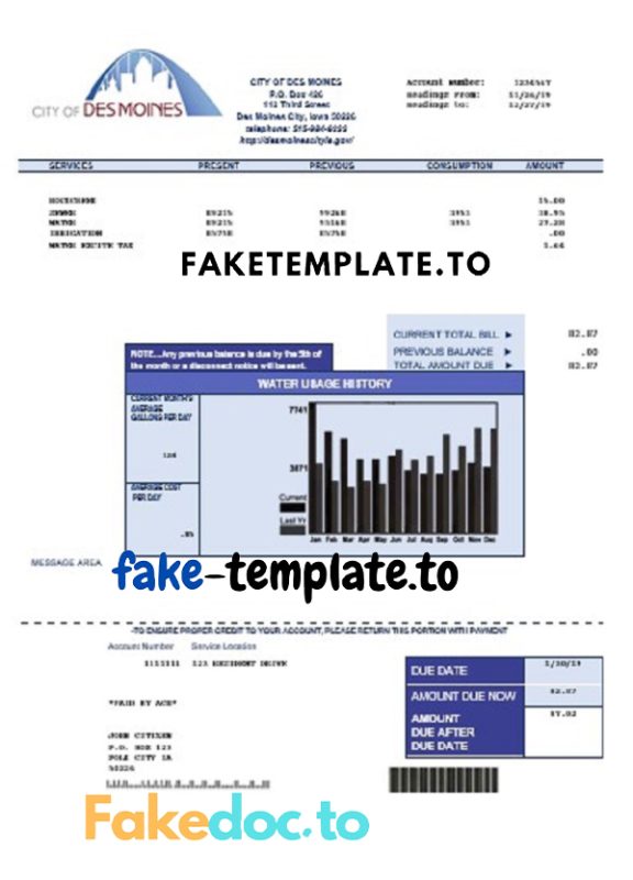 USA Iowa City of Des Moines water utility bill template in Word and PDF ...