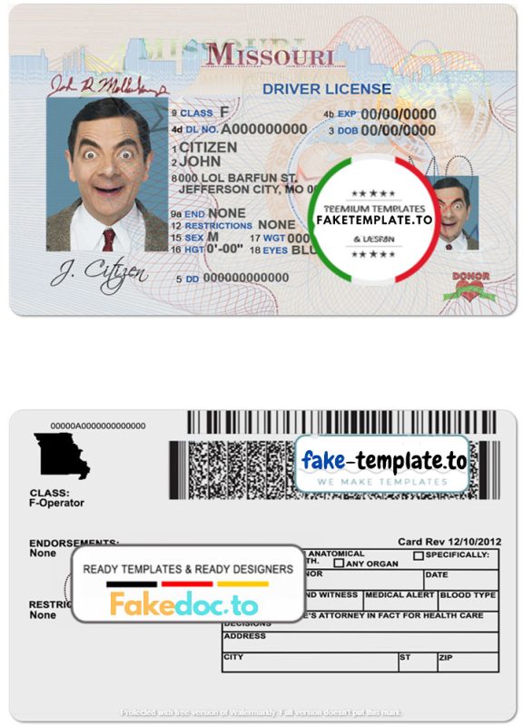 USA Missouri driving license template in PSD format, with the fonts ...