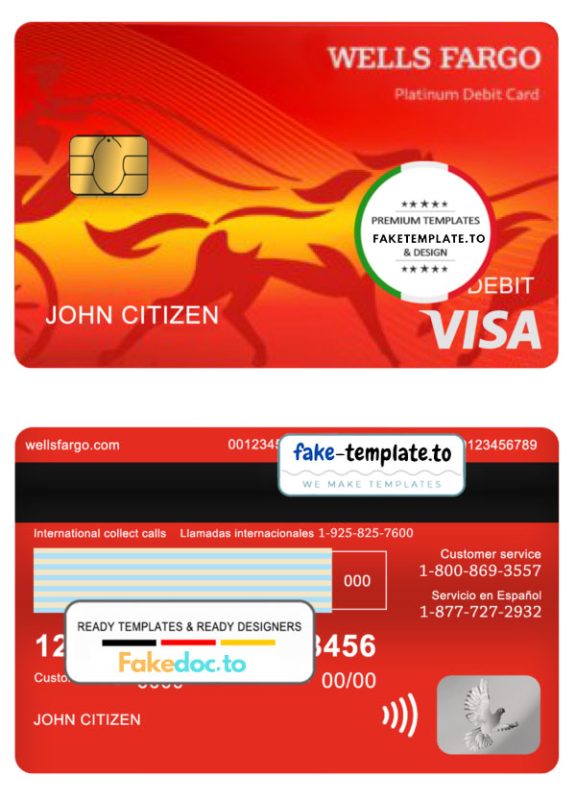 USA Wells Fargo bank visa debit card template in PSD format, version 2 ...