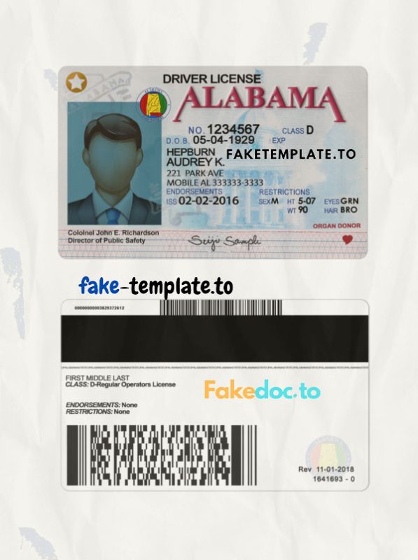 USA Alabama driving license template in PSD format – FakeTemplate.cc